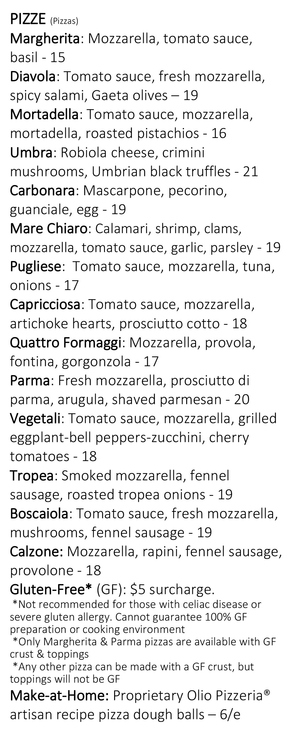 Olio Pizzeria ® Menu Santa Barbara